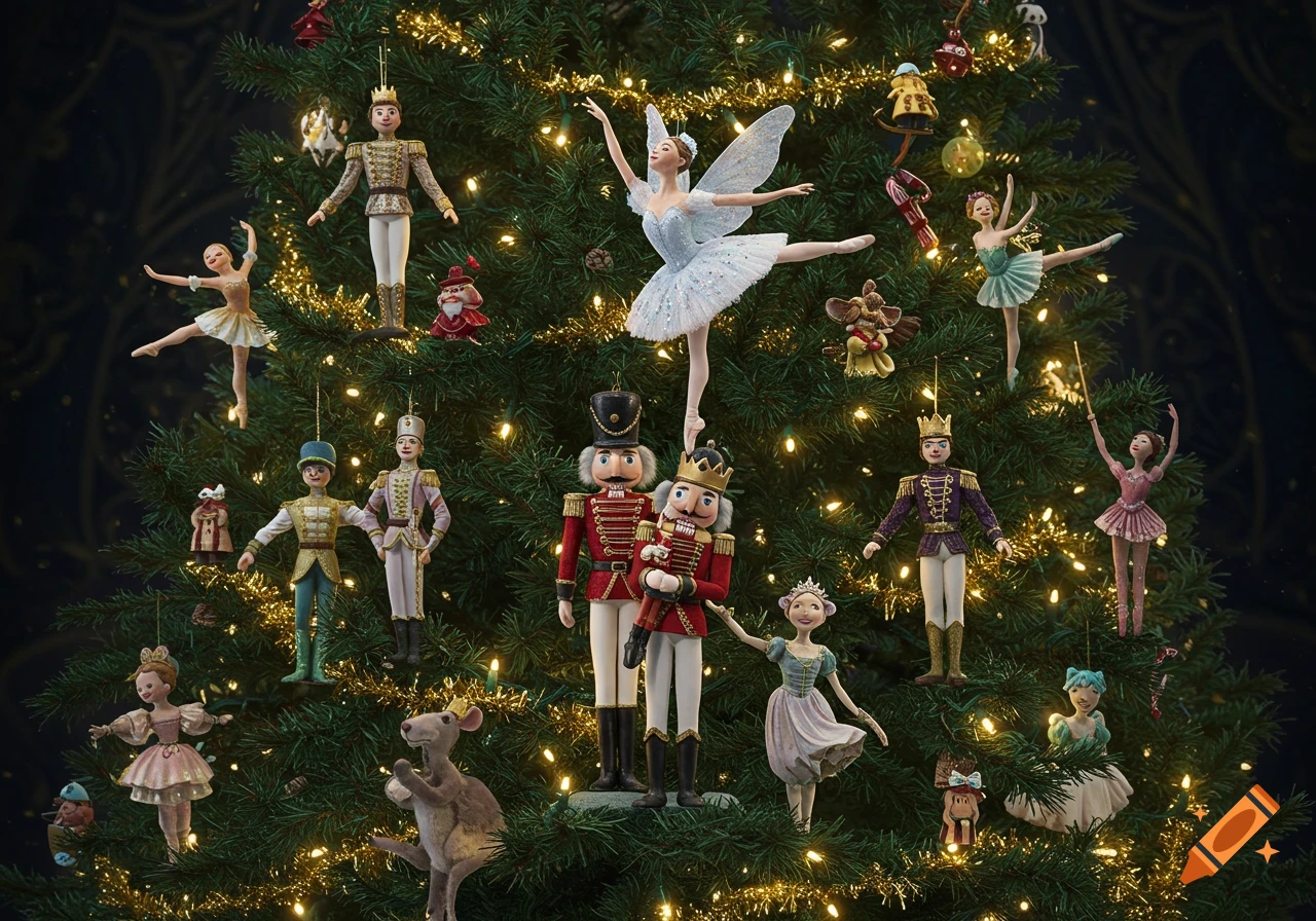 A beautifully decorated Christmas tree adorned with various Nutcracker ballet character ...