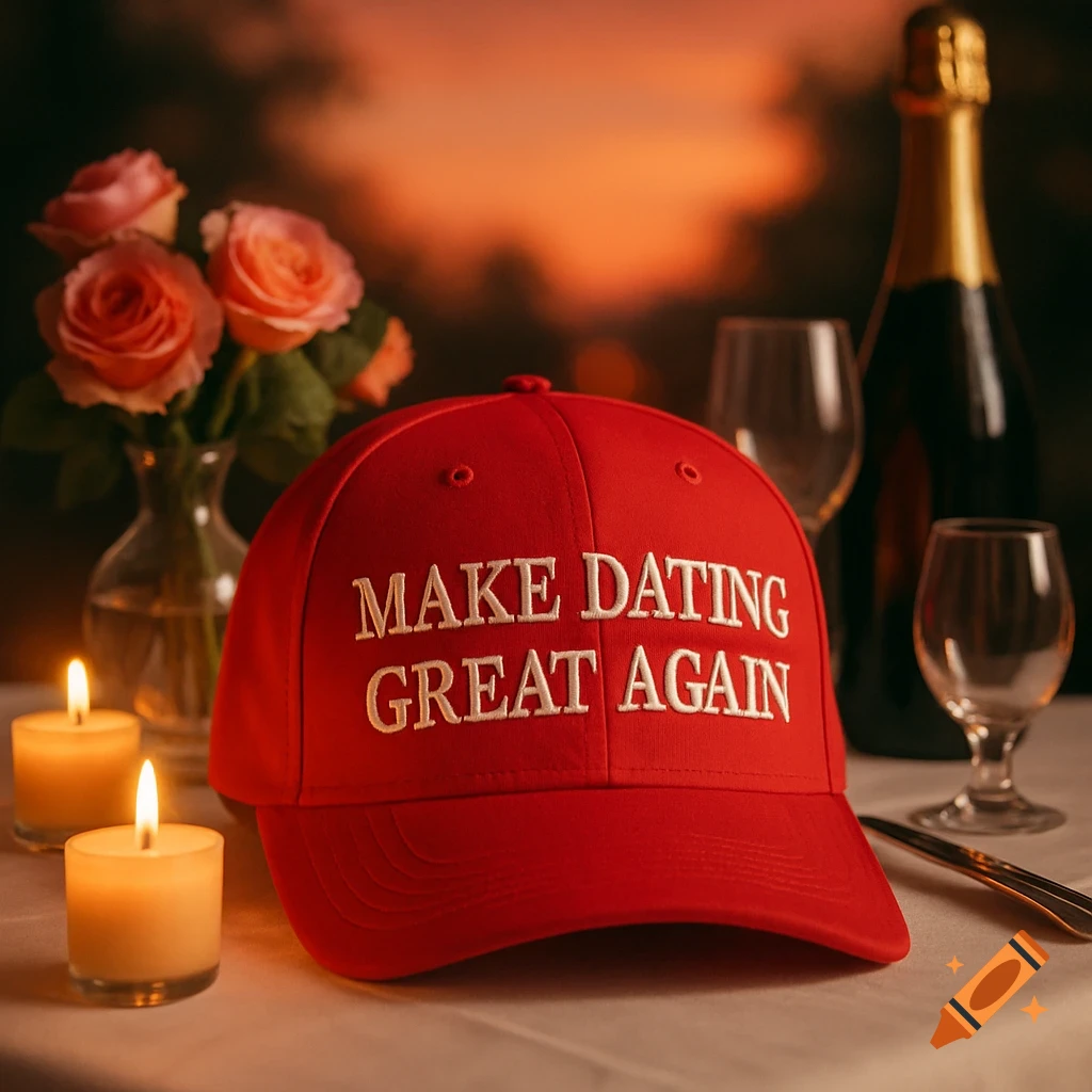 Red hat with 'MAKE DATING GREAT AGAIN' text, lit candles, roses, and ...