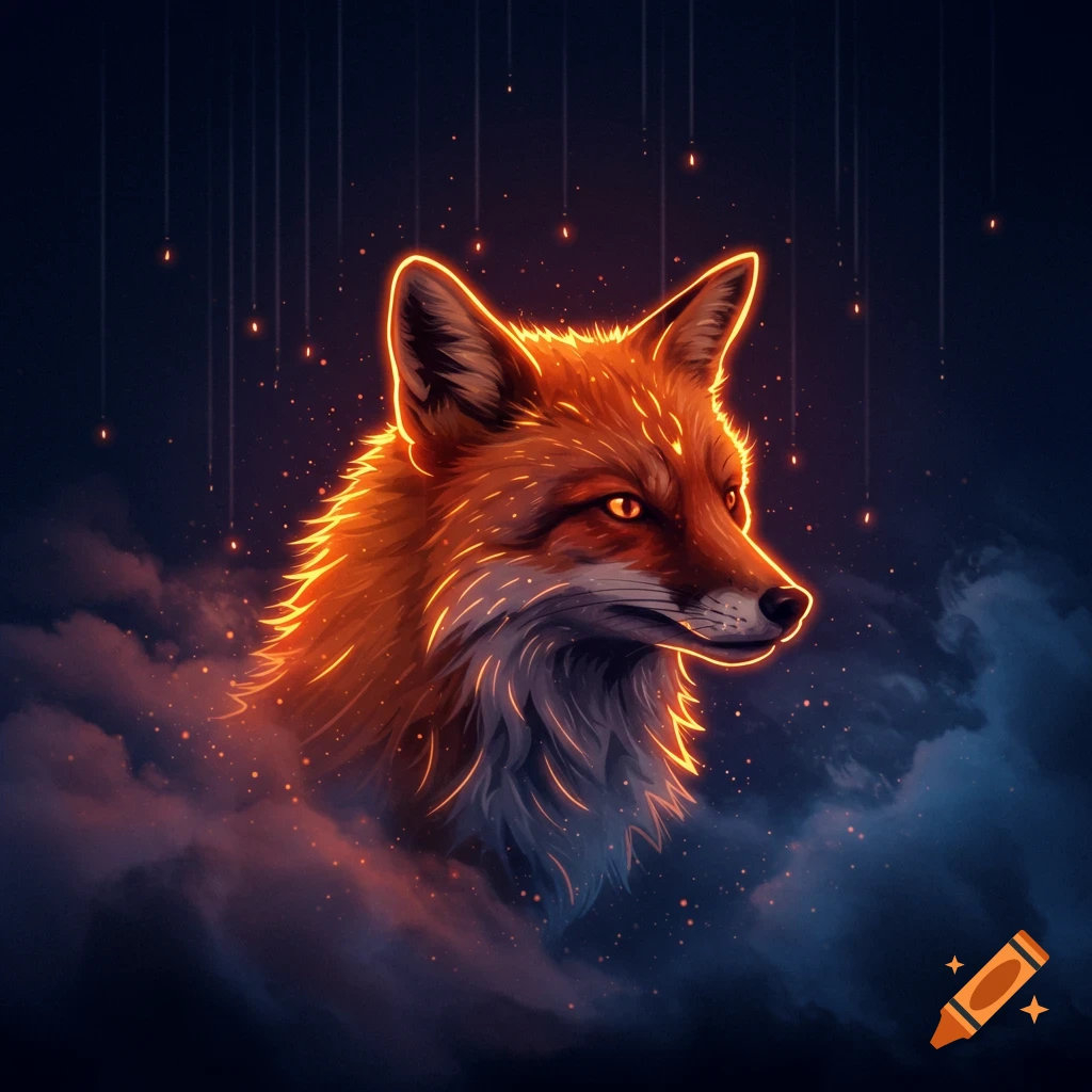 A glowing orange fox head emerges from dark clouds with falling light ...
