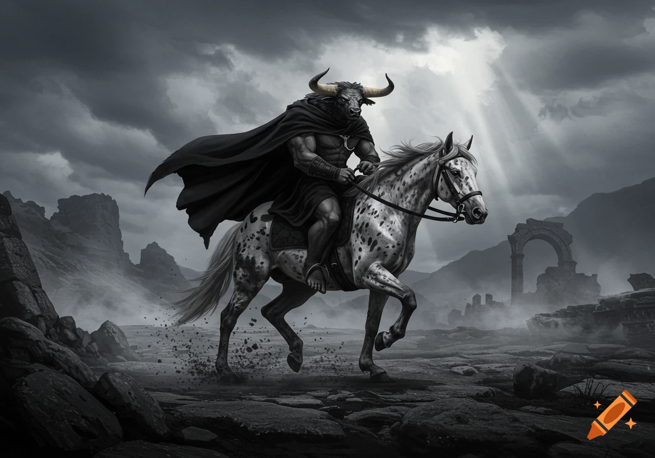 Silhouette of a cloaked rider on a horse walking through a dark, misty ...