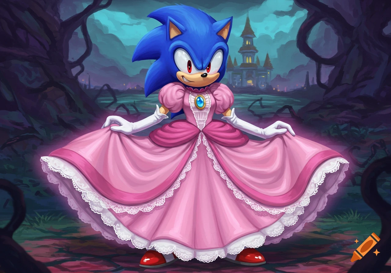 Sonic the Hedgehog dressed in Princess Peach's pink gown and white ...