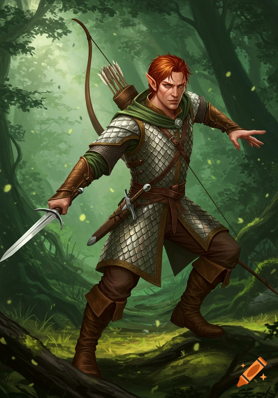 Red-haired elven ranger in scale armor and green cloak, holding a sword ...