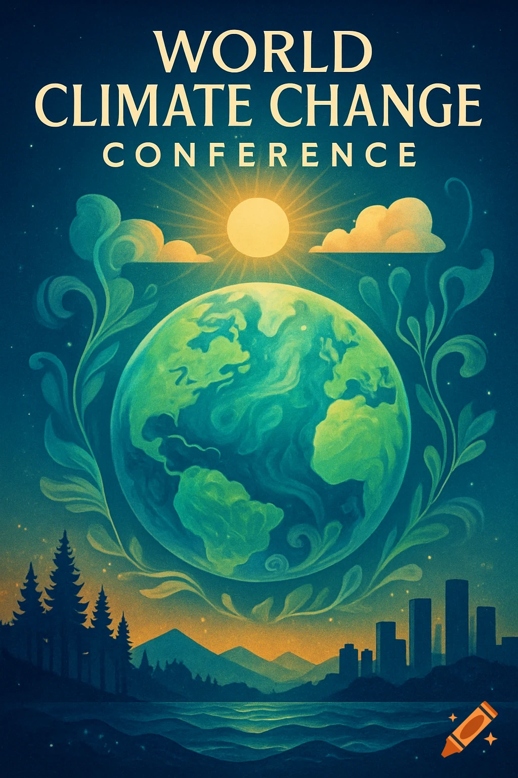 A stylized poster for a climate change conference, featuring Earth, sun ...