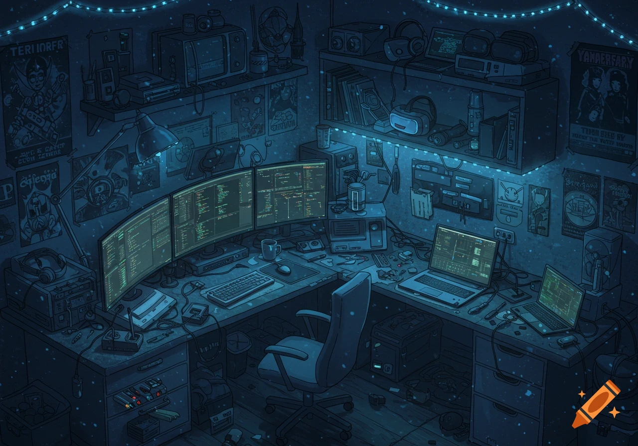 Pixel art futuristic garage interior with neon lights, tools, screens ...