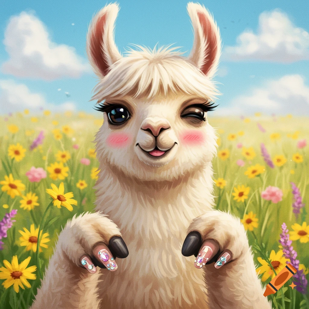 Cute pink cartoon llama with blue bangs and big eyes in a field of pastel flowers and ...
