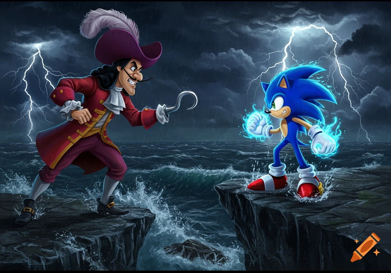 Godzilla battles Shadow the Hedgehog in a ruined city landscape on Craiyon