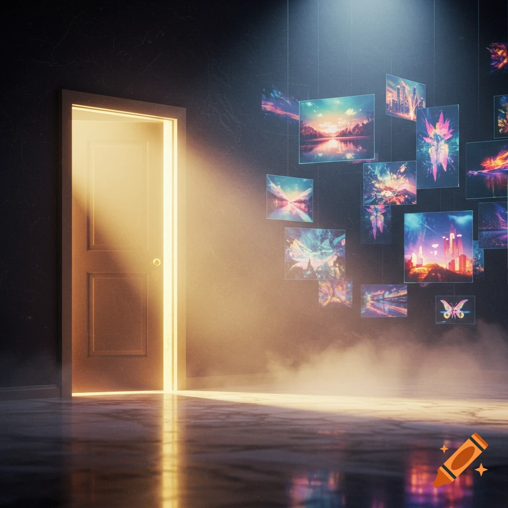 A brightly glowing doorway on the left opens into a dark room where ...