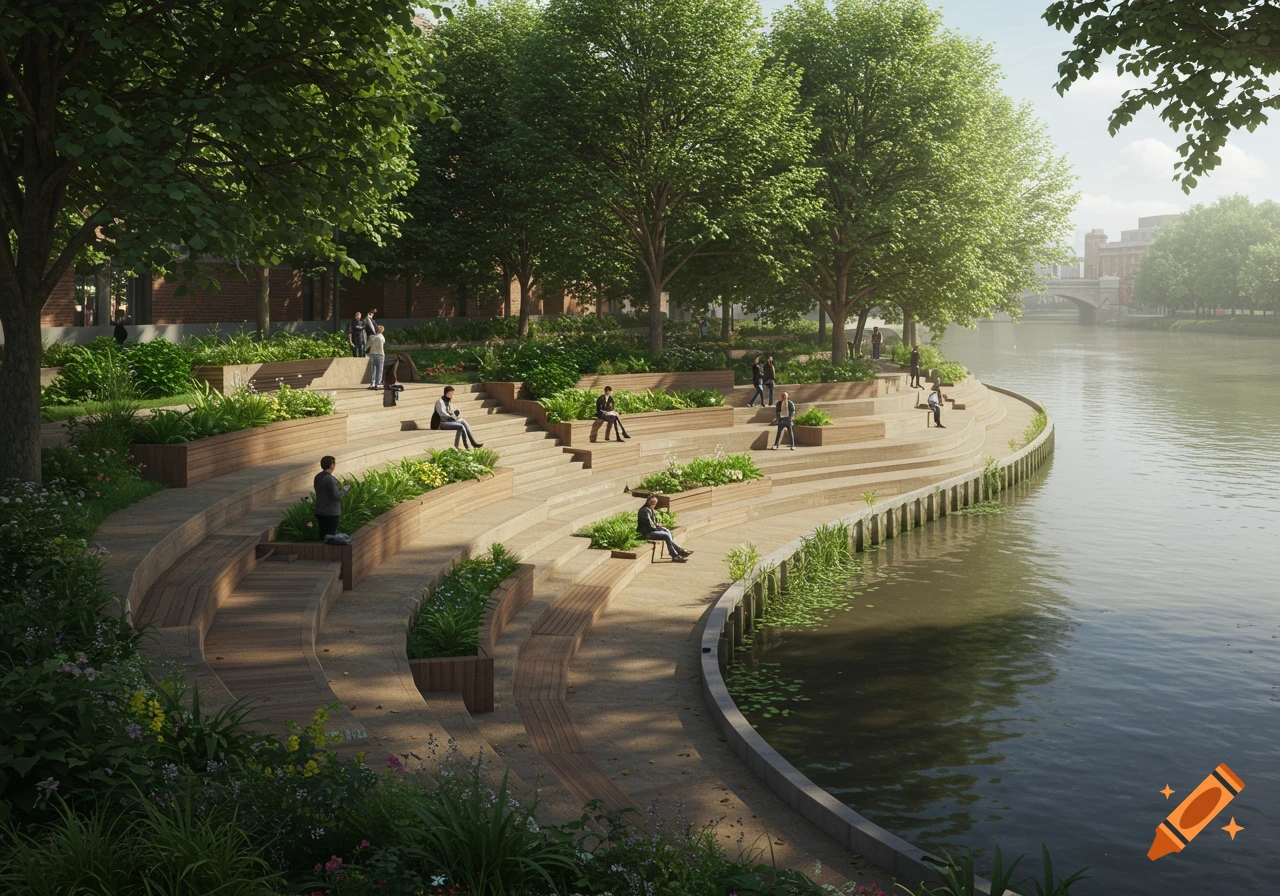 A photorealistic view of a stepped riverside amphitheater with wooden ...