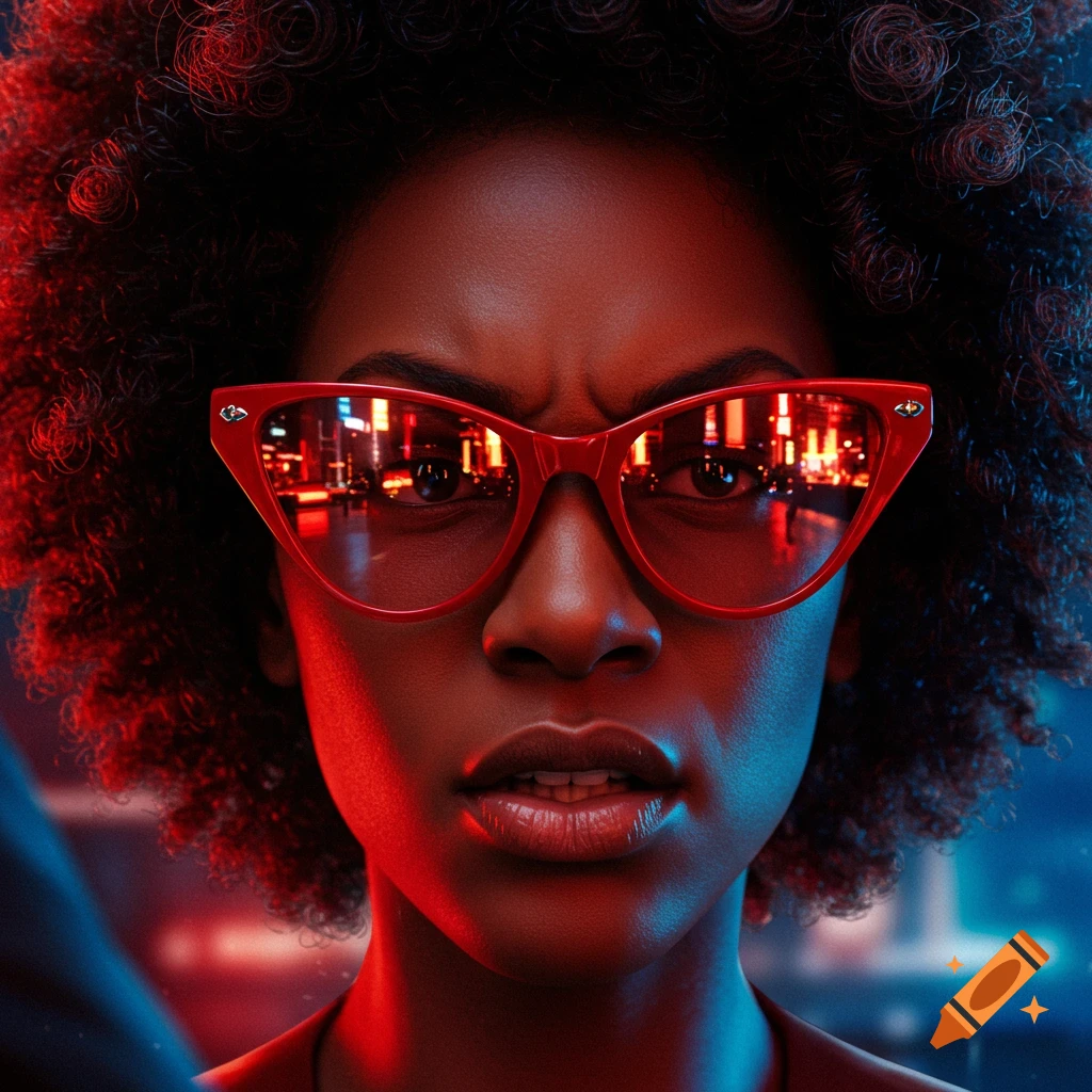 Close-up of a dark-skinned woman with short curly hair and red cat-eye glasses, her brow ...