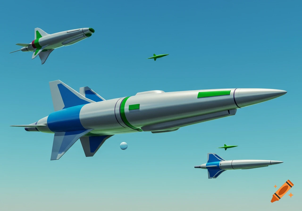 Stylized rockets fly in a bright blue sky, one large in the foreground ...