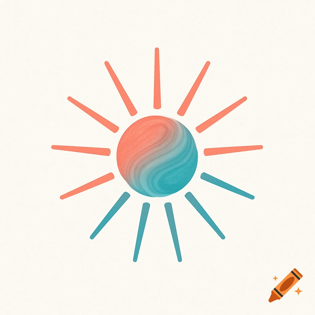 A stylized sun logo with a coral and teal swirling center and ...