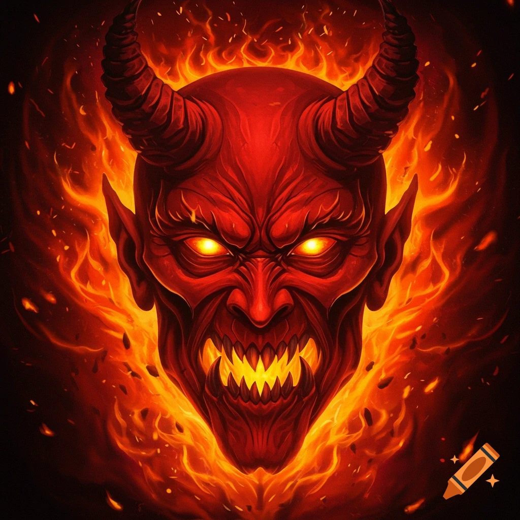 A menacing red devil's face with glowing yellow eyes and sharp teeth, engulfed in fiery orange ...