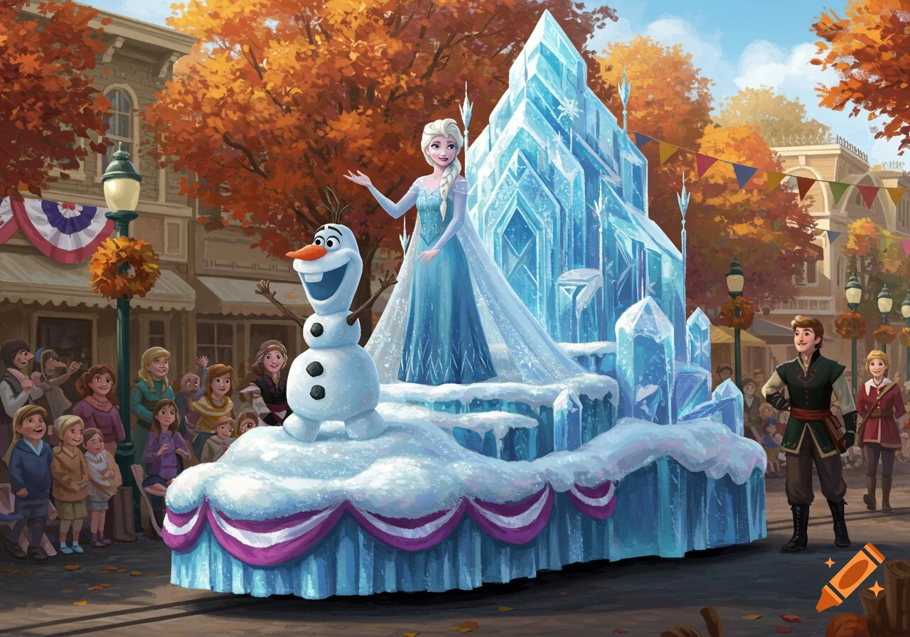 Elsa and Olaf on an elaborate ice castle parade float in an autumn ...