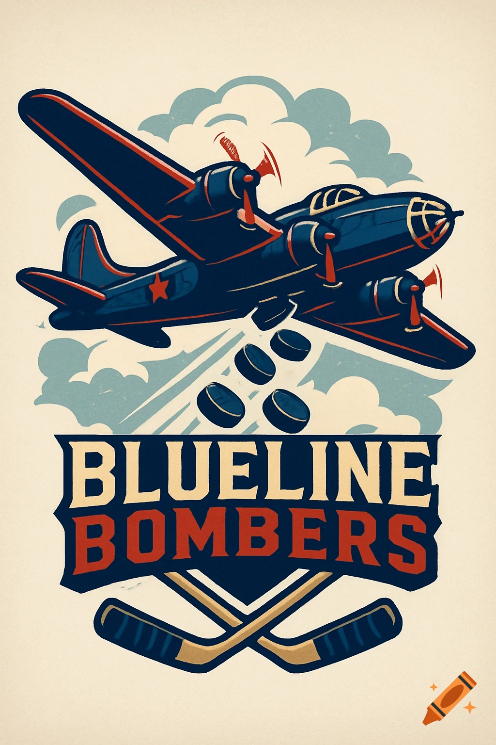 A vintage-style logo featuring a dark blue WWII bomber airplane ...