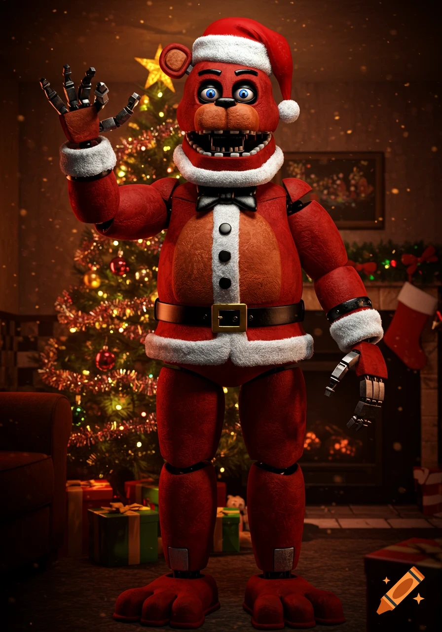 A photorealistic 3D rendering of a red Freddy Fazbear-like animatronic ...