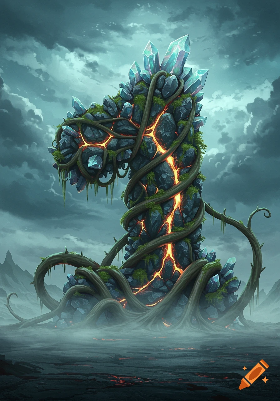 A dark fantasy image of a horned, monstrous creature with glowing red ...