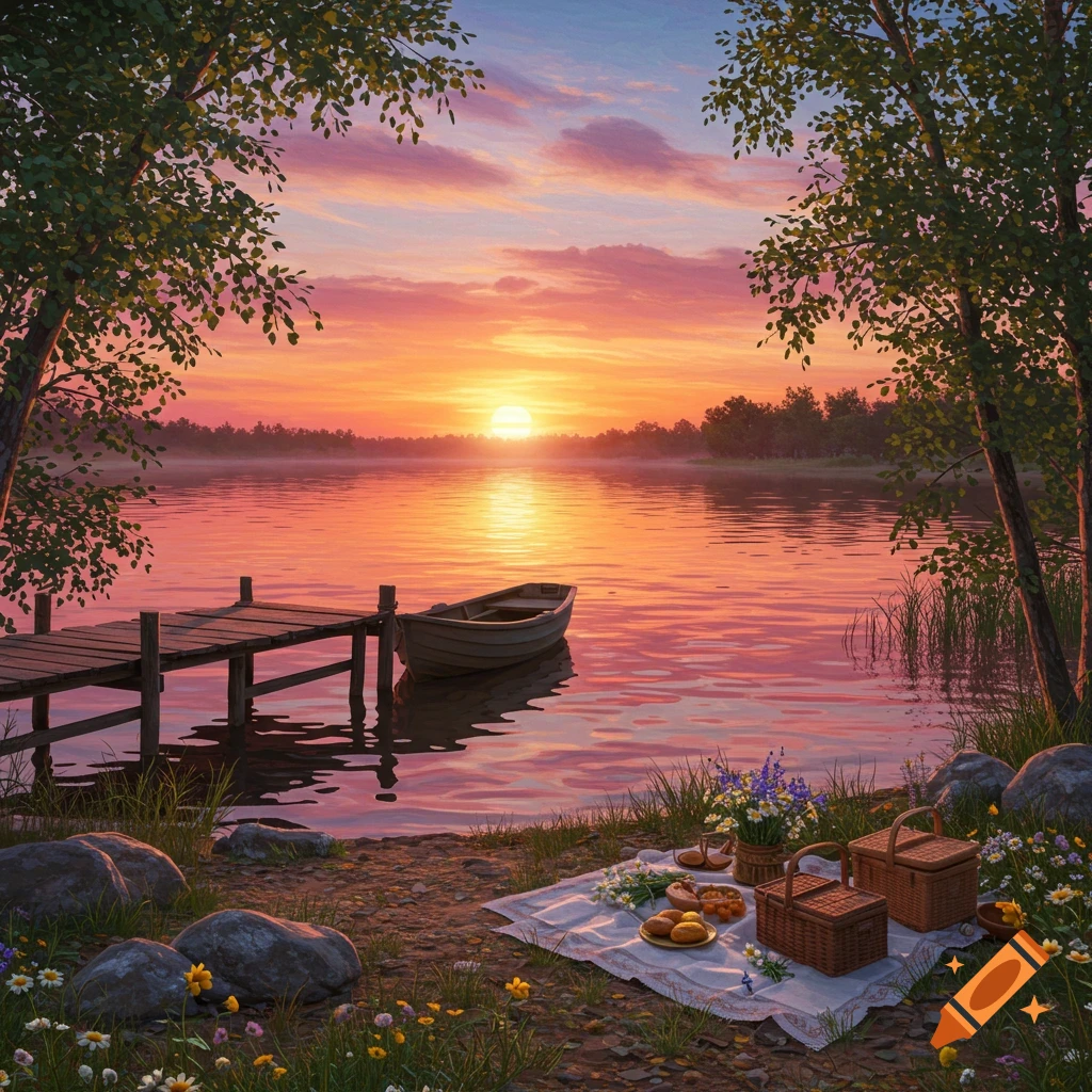 A picturesque country porch scene at sunset. A tabby cat sleeps on a swing, surrounded by wicker ...