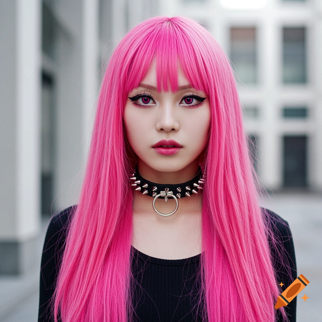 A close-up portrait of a woman with long bright pink hair and purple eyes, wearing a black top ...