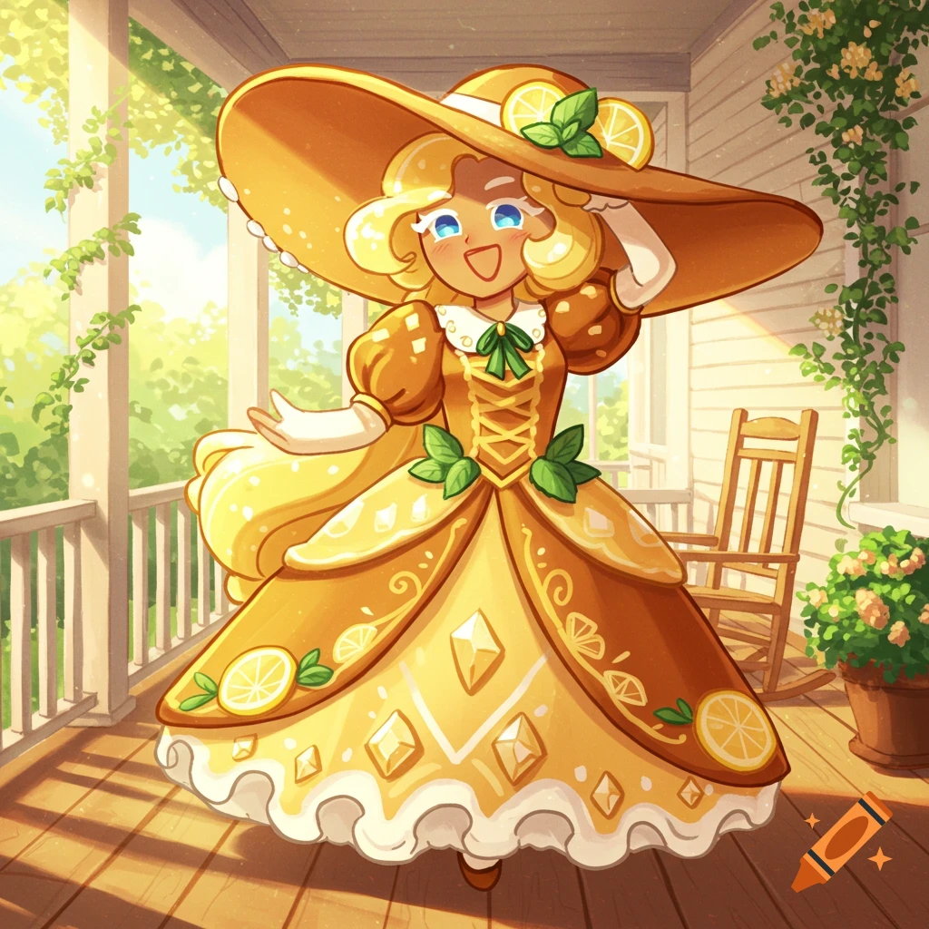 A cheerful cartoon character in a yellow, lemon-themed dress and wide ...