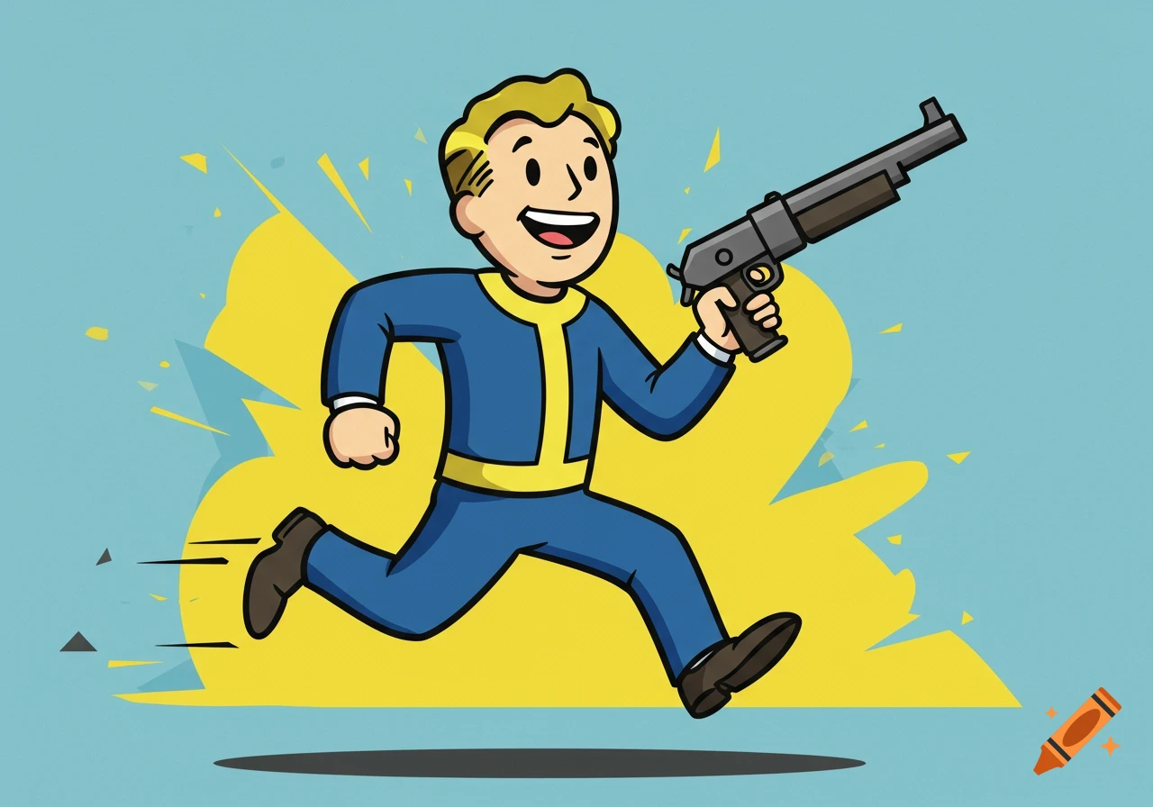Cartoon illustration of Vault Boy from Fallout running and laughing while holding a shotgun. on ...
