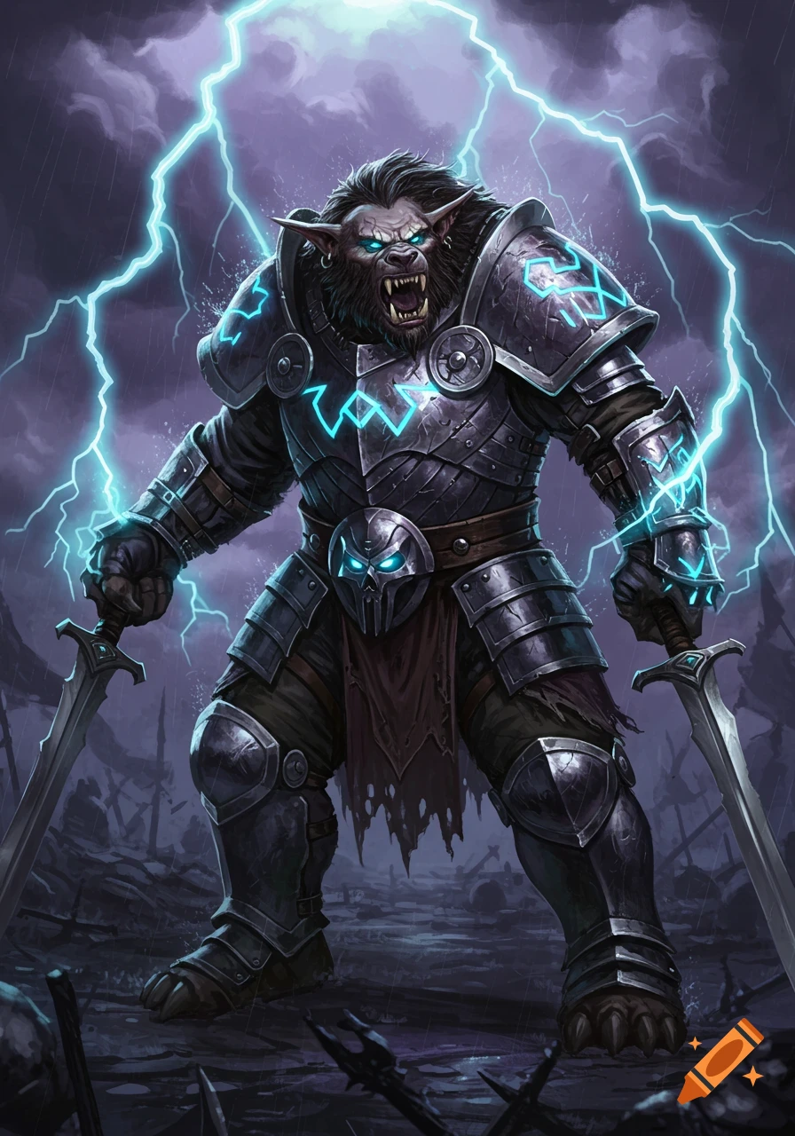 A powerful green-skinned orc female sorcerer with braided dark hair, holding a glowing staff and ...