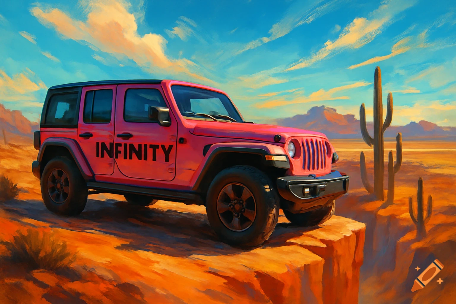 A pink Jeep with 'INFINITY' on its side, parked on a rocky cliff in a ...