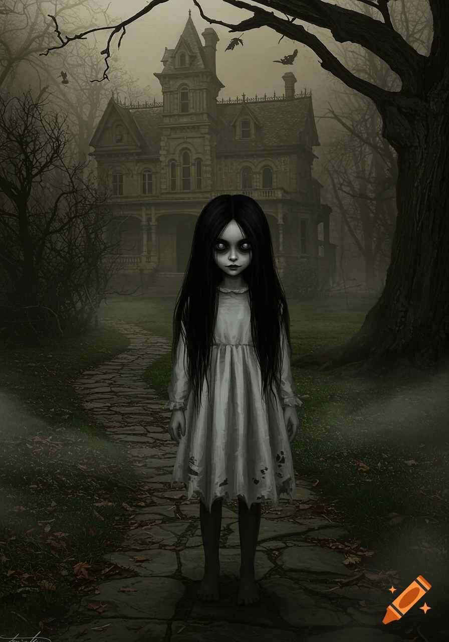 A creepy girl with long black hair and pale skin stands on a stone path ...