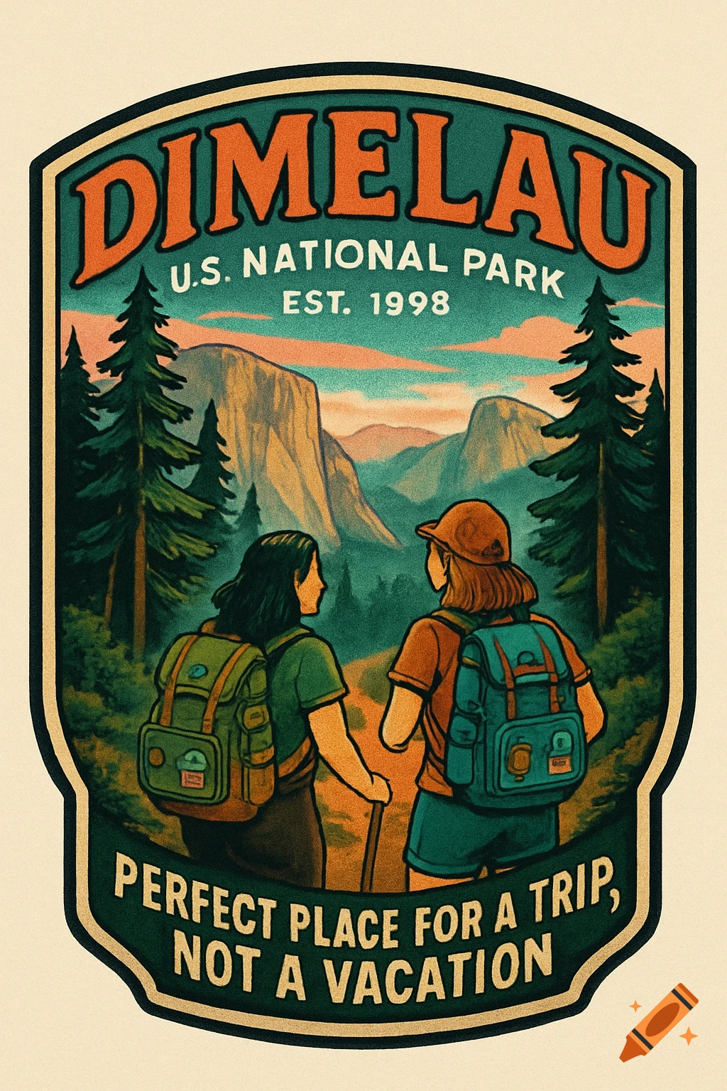 Vintage style national park badge for Dimelau with two hikers, pine ...
