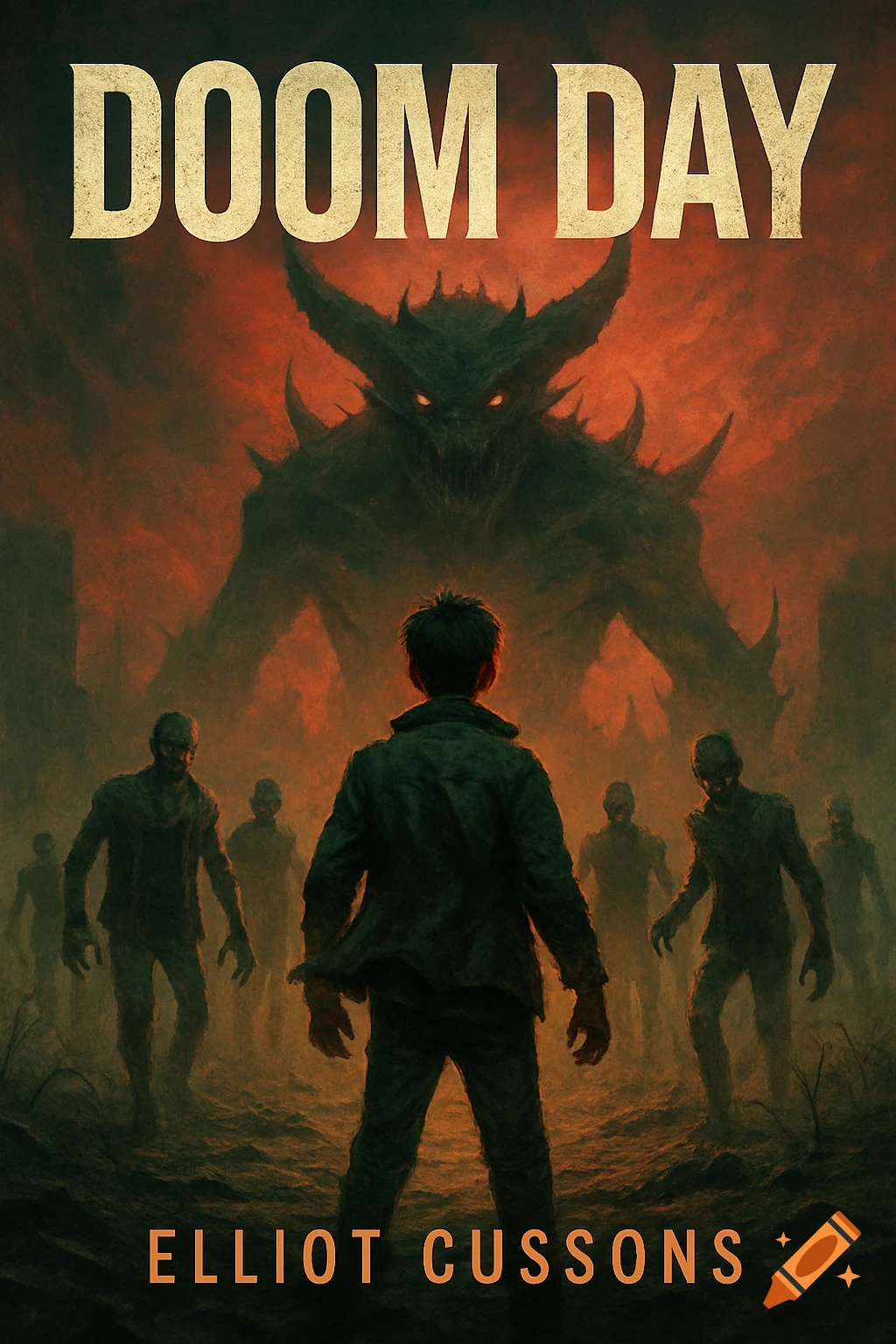 A boy stands with his back to the viewer, facing a large horned monster ...