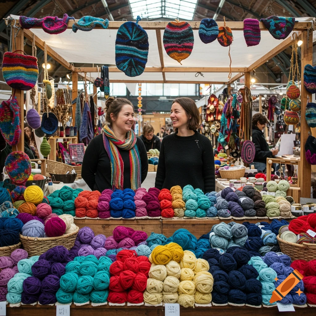 Two smiling women stand behind a market stall piled high with colorful ...