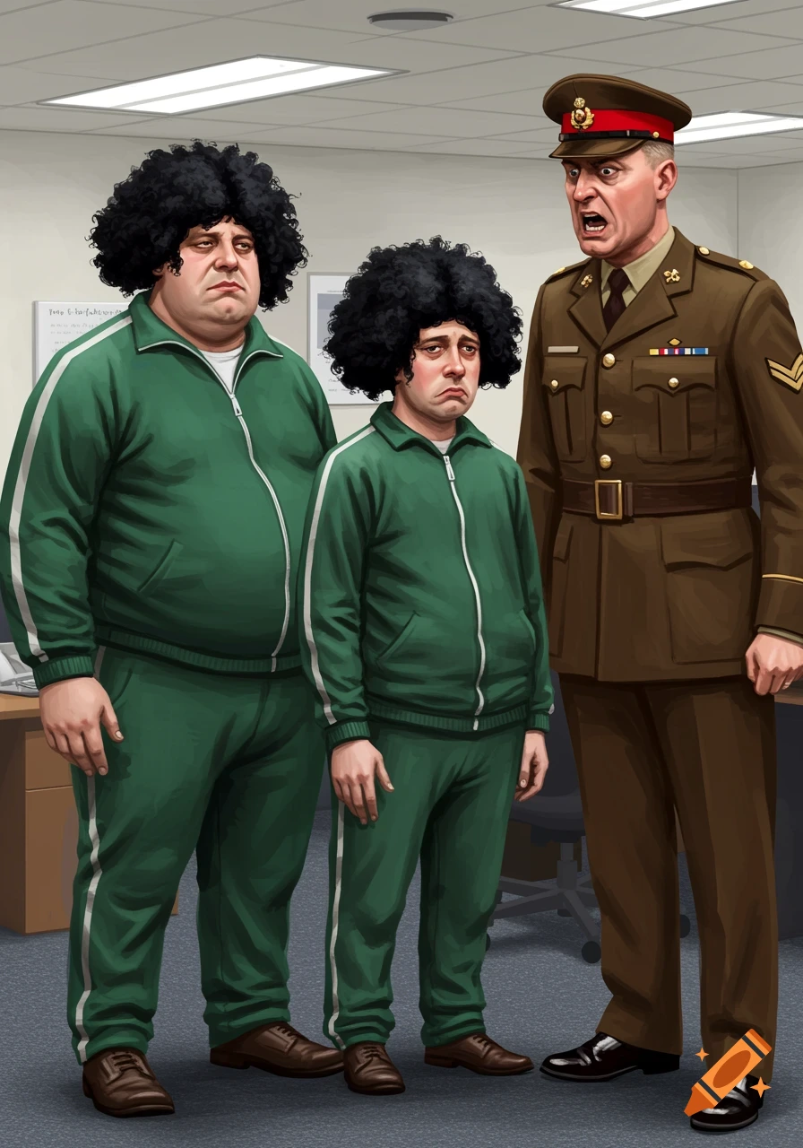 Two disheveled men in green tracksuits and black afro wigs are being ...