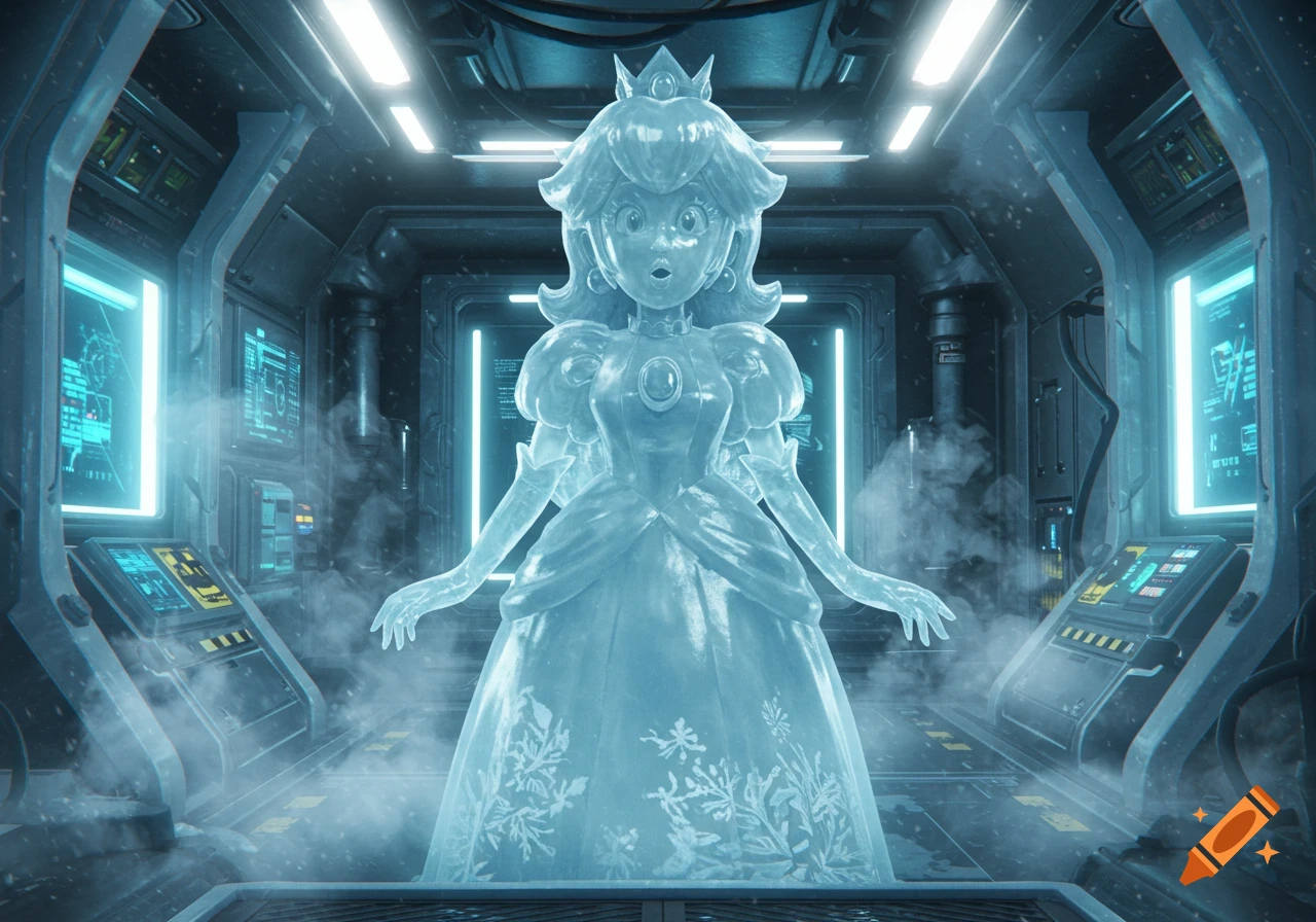 A detailed digital art rendering of Princess Peach as a shimmering ice ...