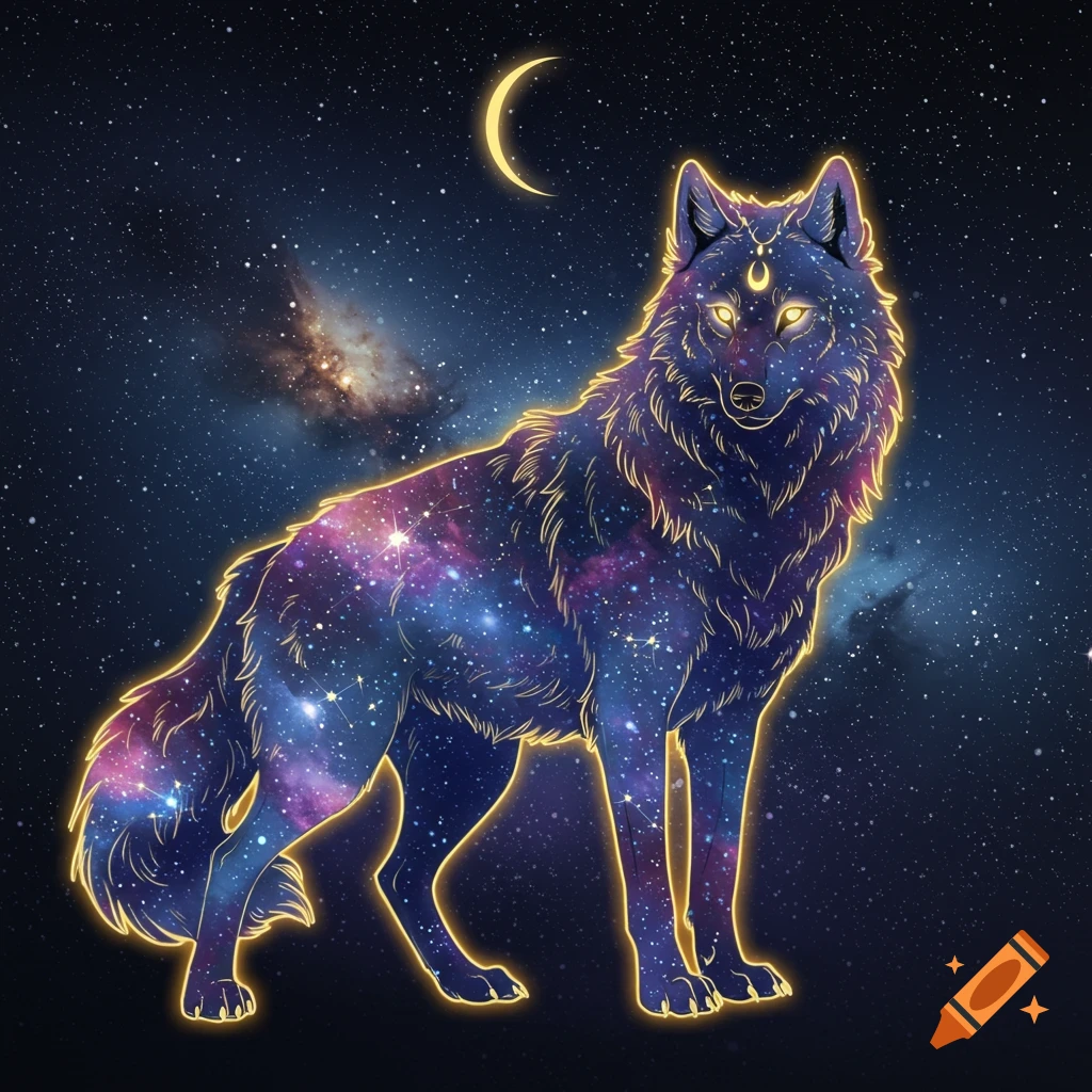 An anime-style mystical wolf with a galaxy pattern and golden glow ...
