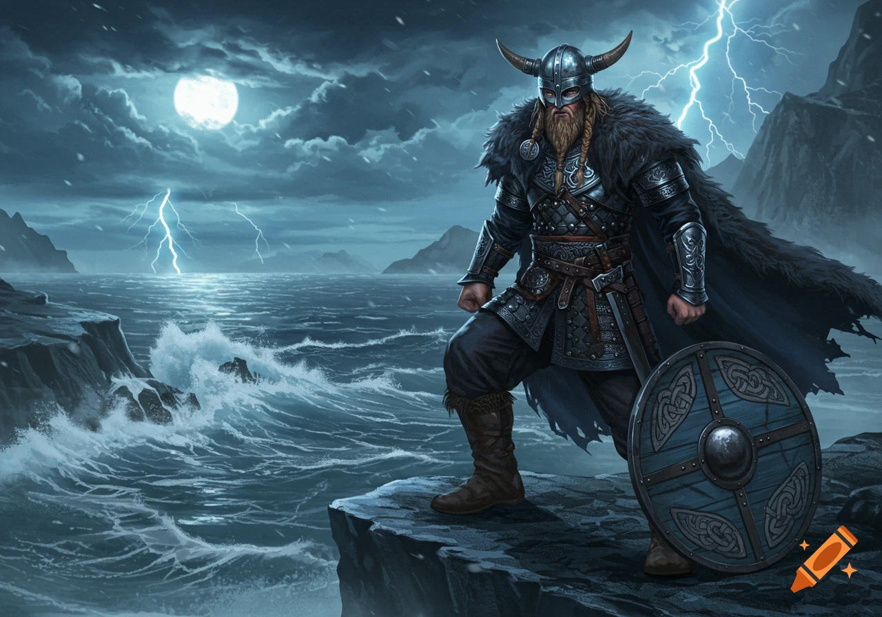 A powerful Viking warrior stands on a rocky cliff overlooking a stormy ...