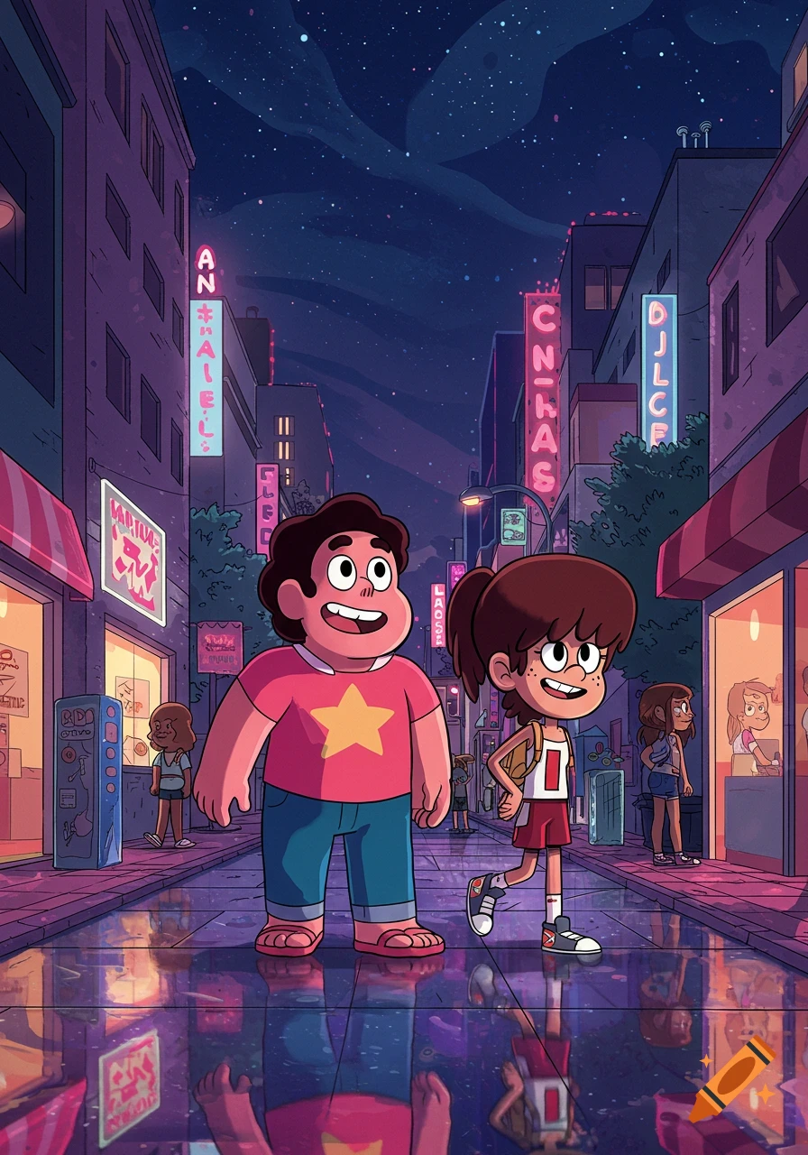 Steven Universe and Sid Chang walk hand-in-hand down a vibrant, neon ...