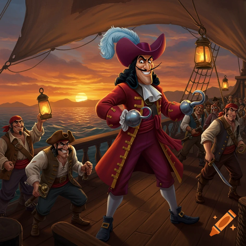 Cartoon Captain Hook and his crew of pirates stand on a ship deck at ...