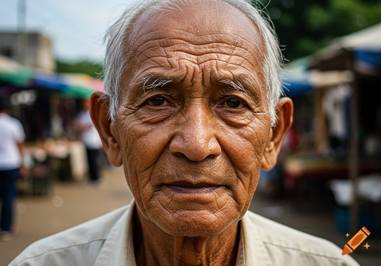 Close-up photorealistic portrait of an old man with many wrinkles and ...