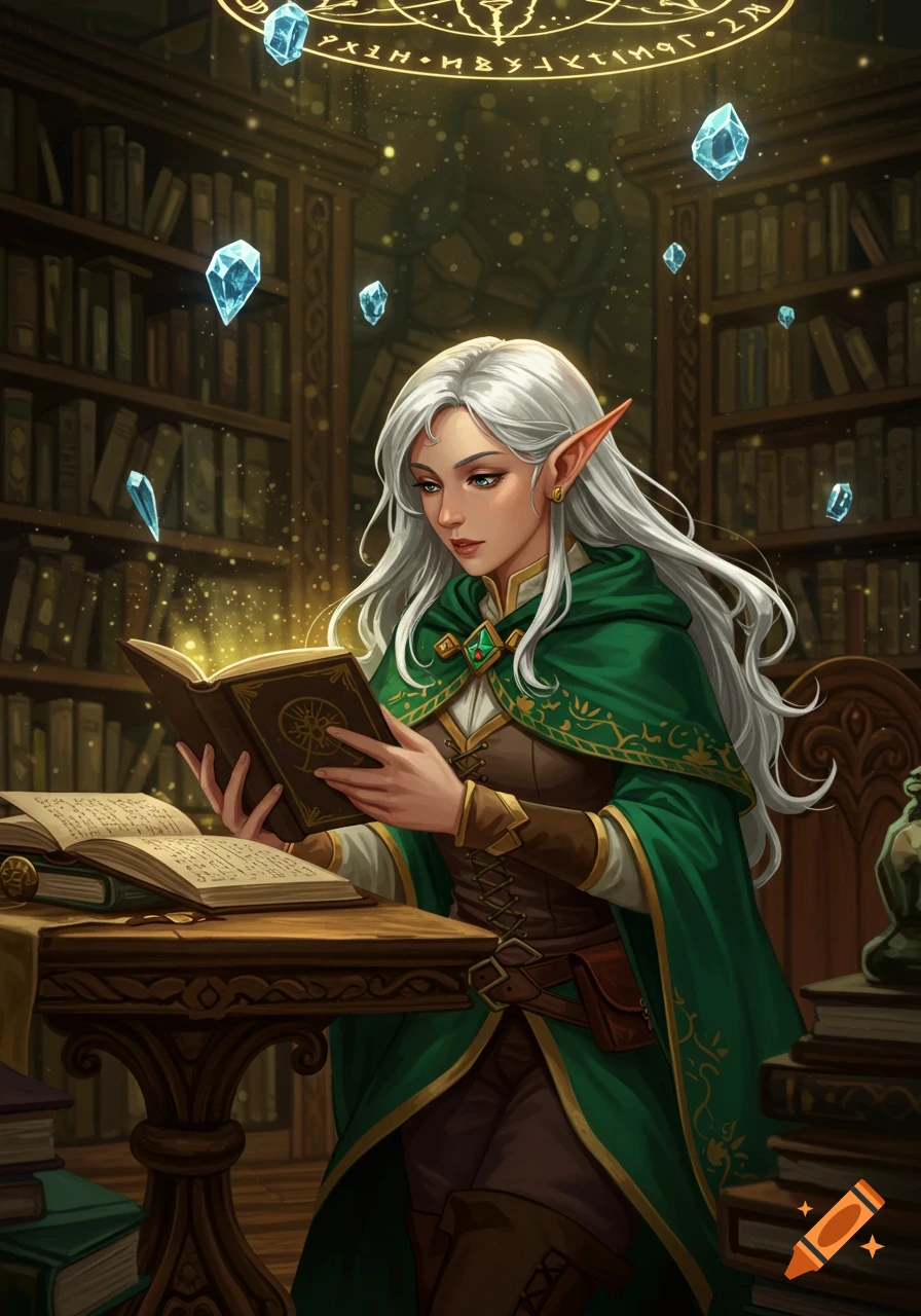 An elf with white hair and glowing green eyes lounges in a dark, gothic ...