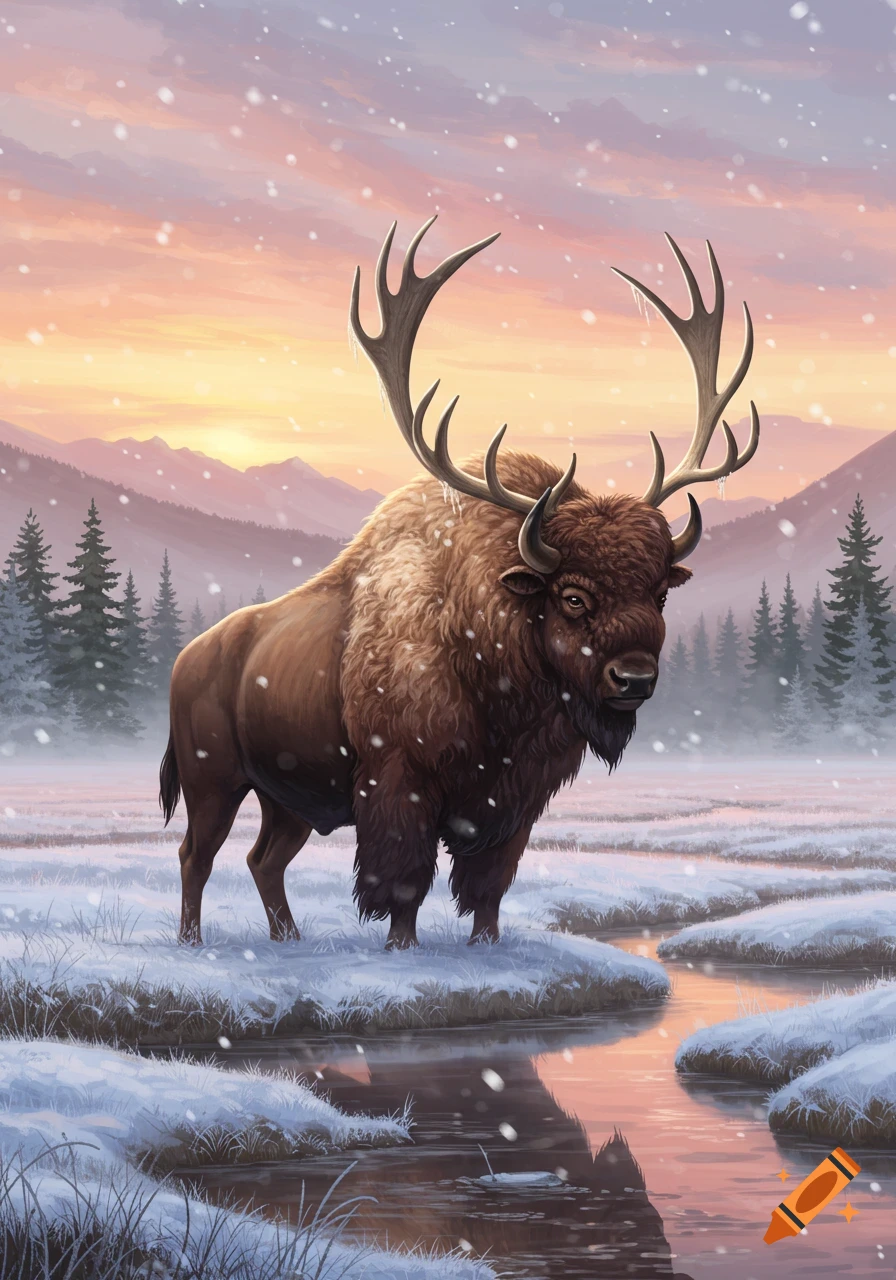 A large, shaggy brown buffalo-like creature with prominent moose ...