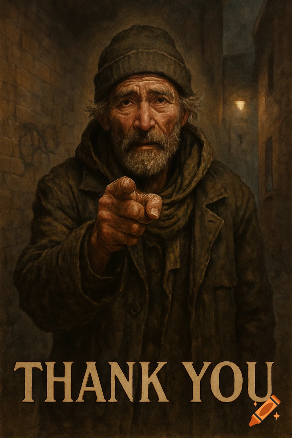 An elderly, bearded man in a dark beanie and coat points forward in a ...