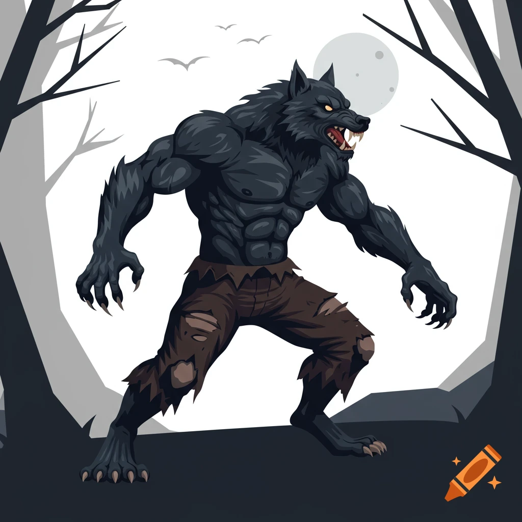 A muscular gray werewolf stands on rocks in a dark forest under a full moon, in an illustration ...