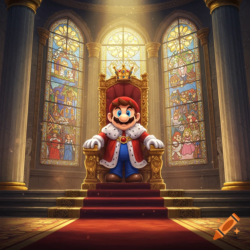 Mario as a king on a golden throne in a grand hall with stained glass ...