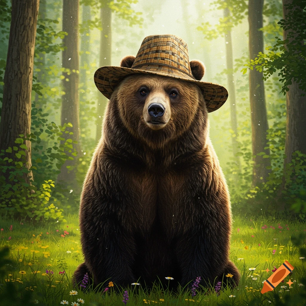 A brown bear wearing a plaid hat sits in a sun-dappled forest among ...