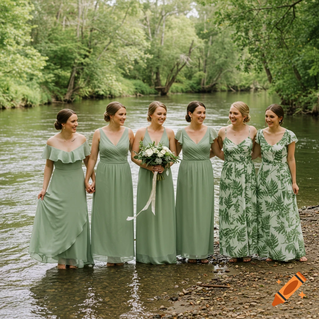 Five bridesmaids in various green dresses stand in a peaceful river surrounded by lush greenery ...