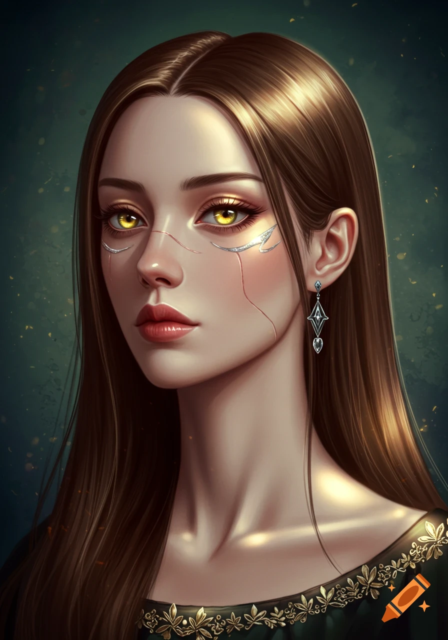 Digital portrait of a woman with long brown hair, golden eyes, and ...