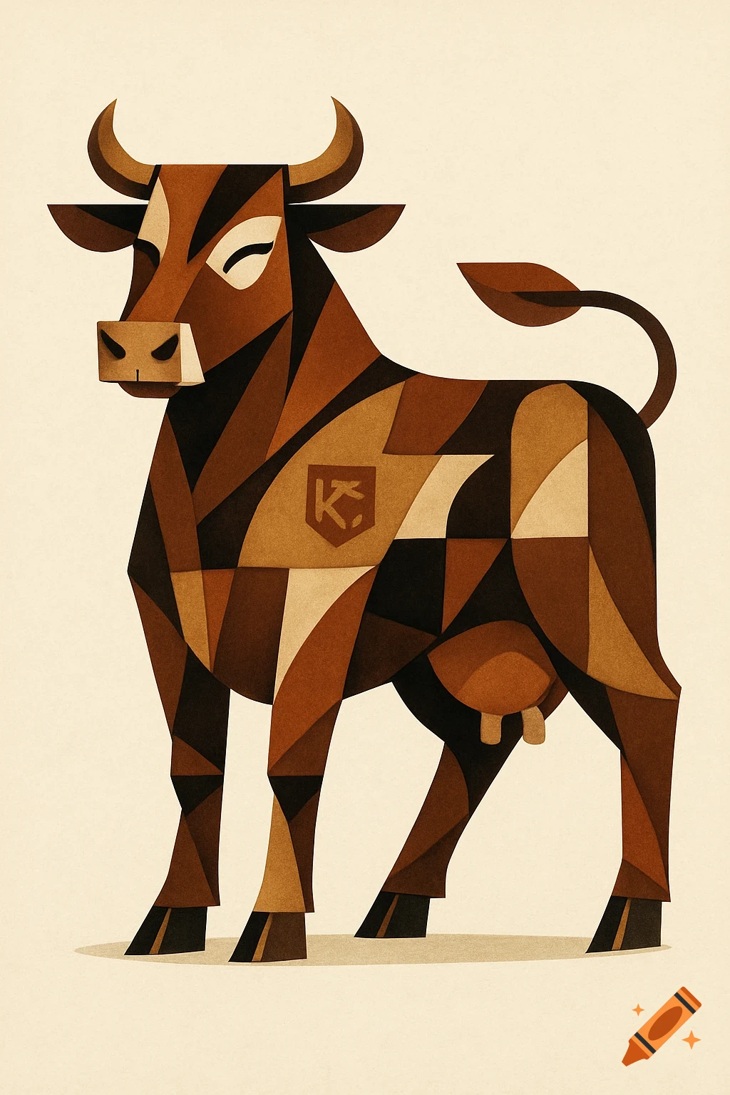 Full-body abstract geometric illustration of a brown cow with stylized ...