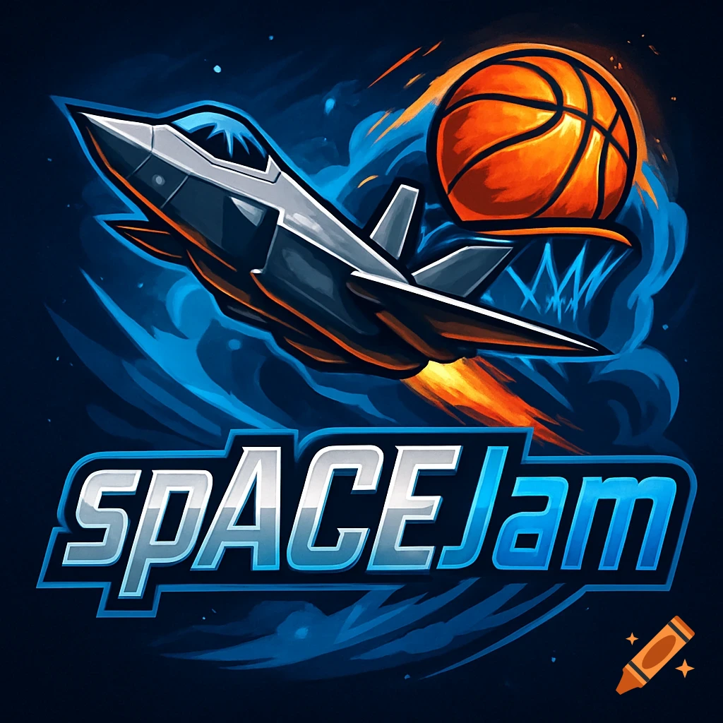 A blue and red fighter jet logo with stylized clouds and the text ...