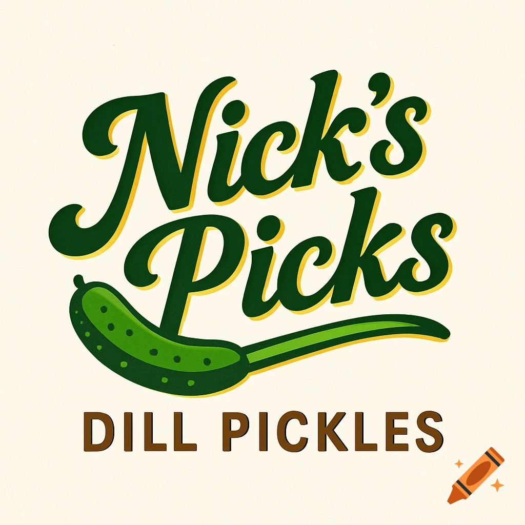 Logo for 'Nick's Picks Dill Pickles' featuring a green pickle ...
