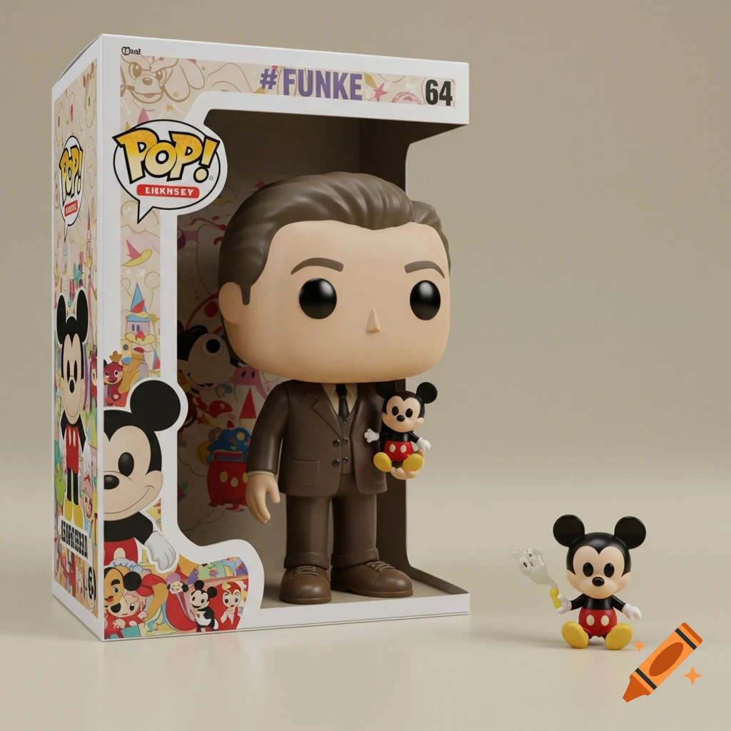 A Funko Pop figure of Walt Disney holding a baby Mickey Mouse ...