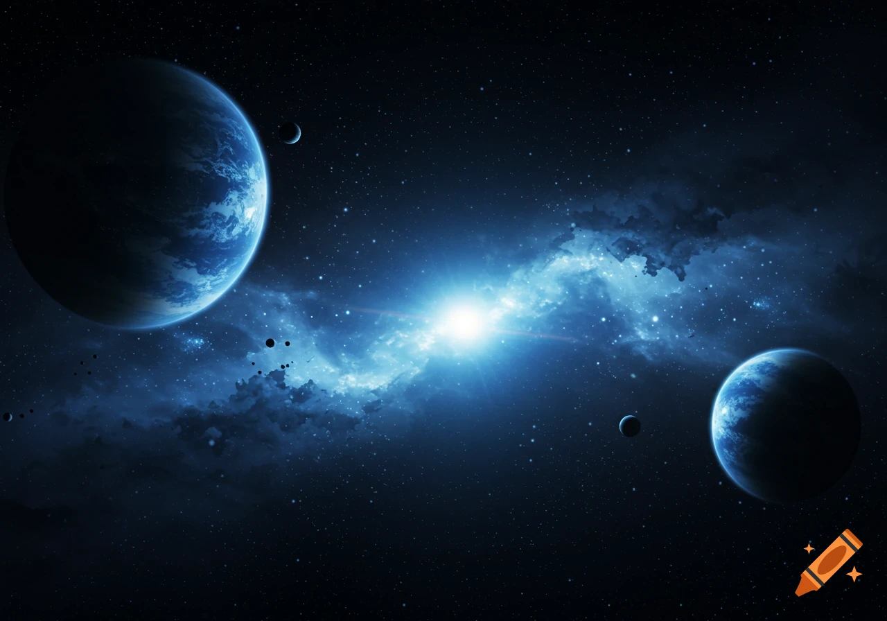 Deep space scene with multiple planets, asteroids, and glowing red nebulae illuminated by a ...